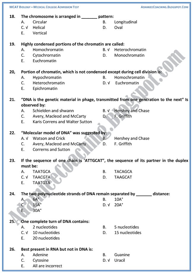 Adamjee Coaching: MCAT Biology - [Chromosomes and DNA] Mcqs for Medical ...