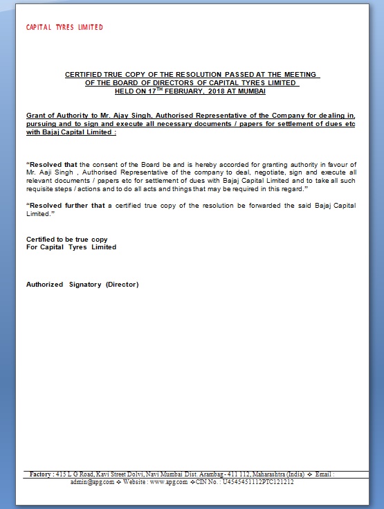 Board Resoluton For Authorised Representative in Word Format