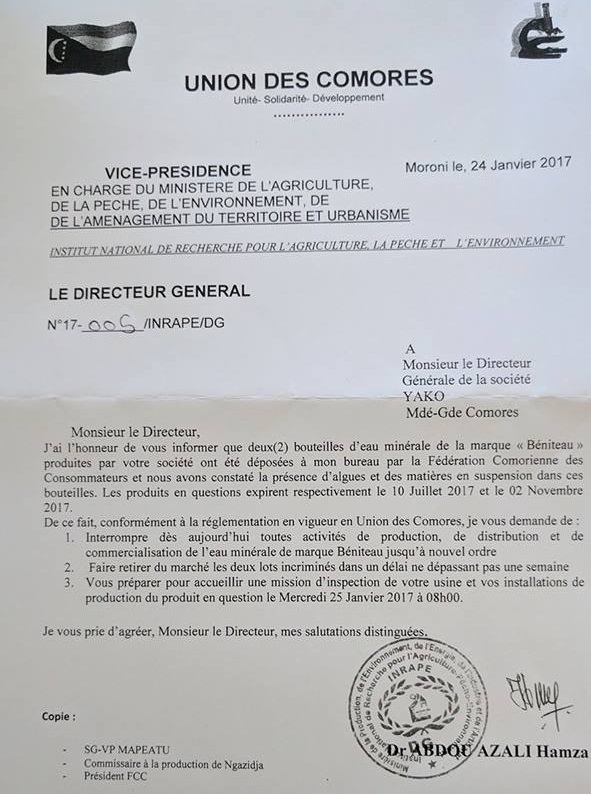 Eau minérale Beniteau: L'INRAPE ordonne à la société Yako d'interrompre ...