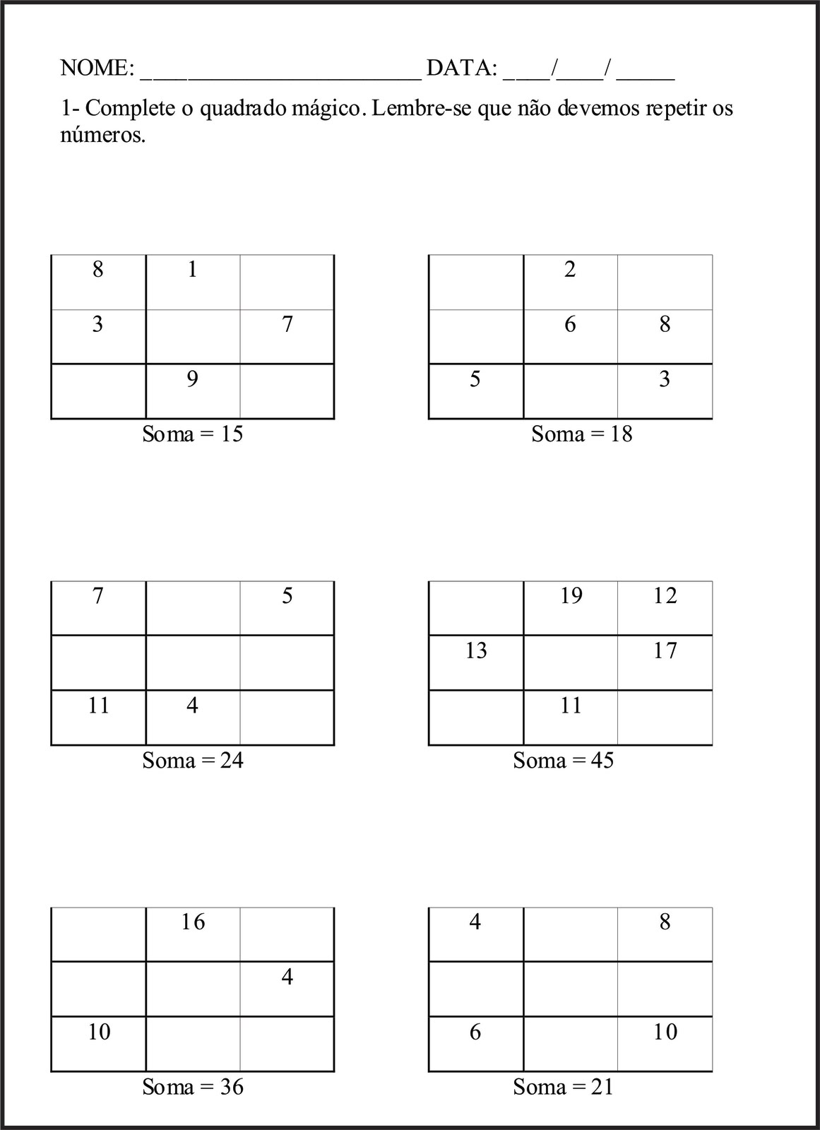 SOSPROFESSOR-ATIVIDADES: Quadrado Mágico