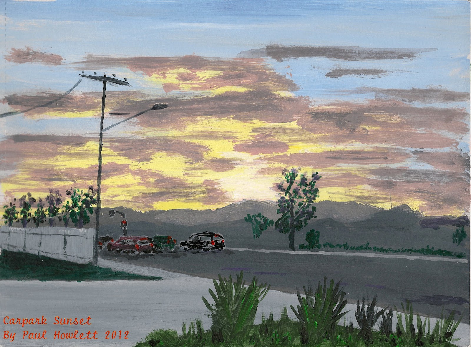 Paul's Pen n Paint: Carpark Sunset - artwork with sunset and cars