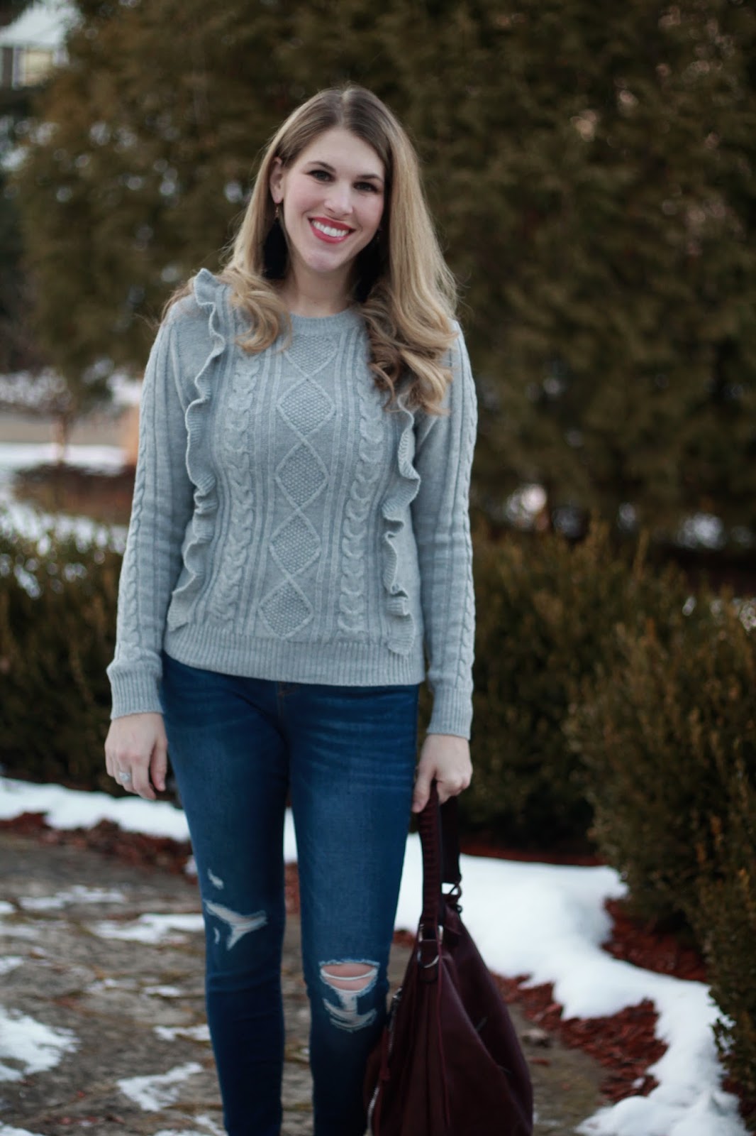 Grey Ruffle Sweater & Burgundy Accessories - I do deClaire