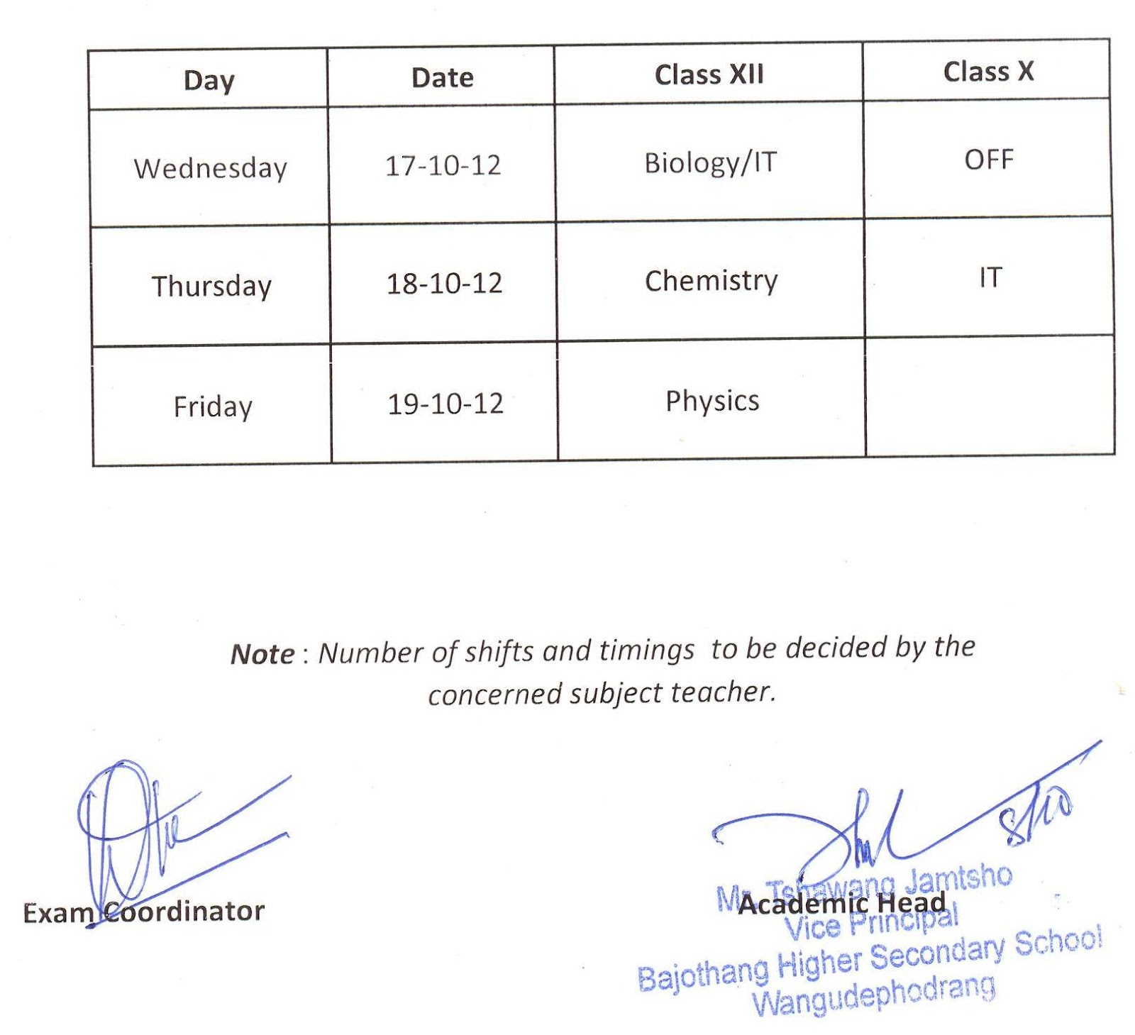 Time Tables ~ Bajothang Higher Secondary School