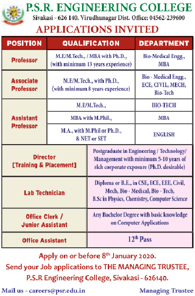 PSR Engineering College Biotech Faculty Jobs