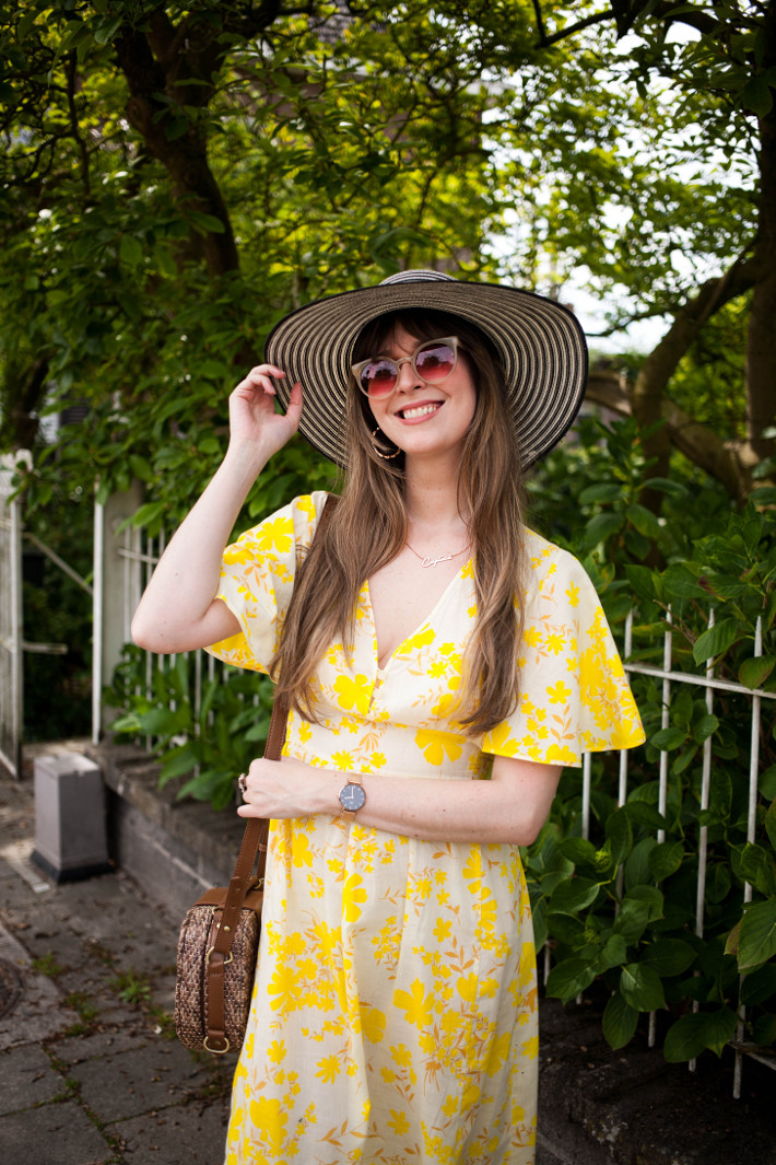 Outfit: yellow 70s maxi dress, striped wide brim hat - THE STYLING ...