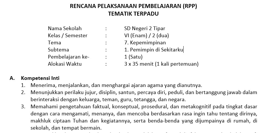 SD NEGERI 2 TIPAR: Contoh Format RPP Tematik Terpadu