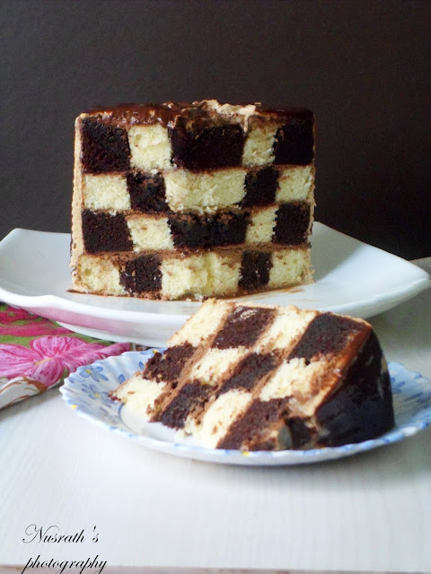 Checker board cake with chocolate ganache frosted with whipped coffee ...