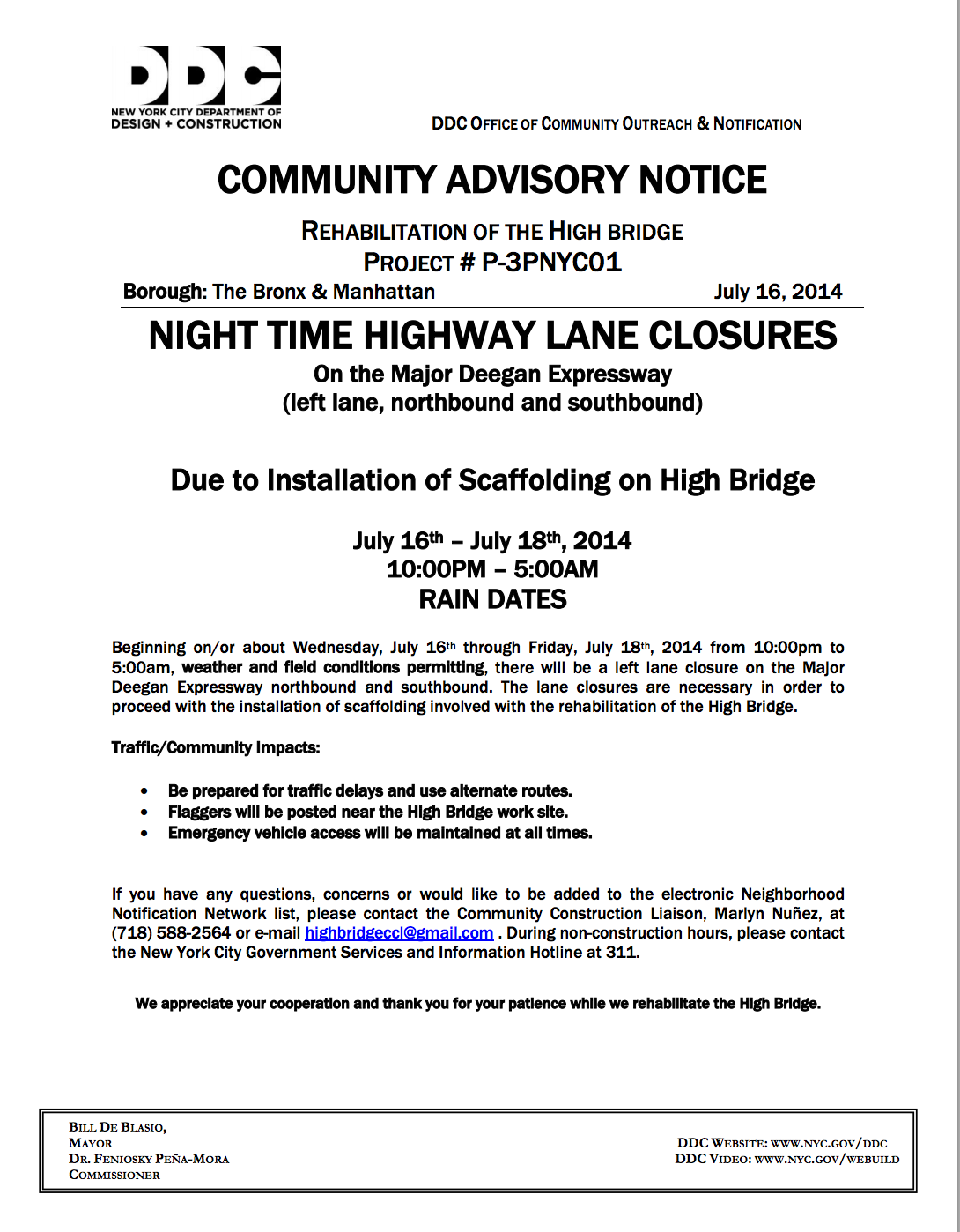 The High Bridge -- Its Past, Present & Future: Construction Advisory