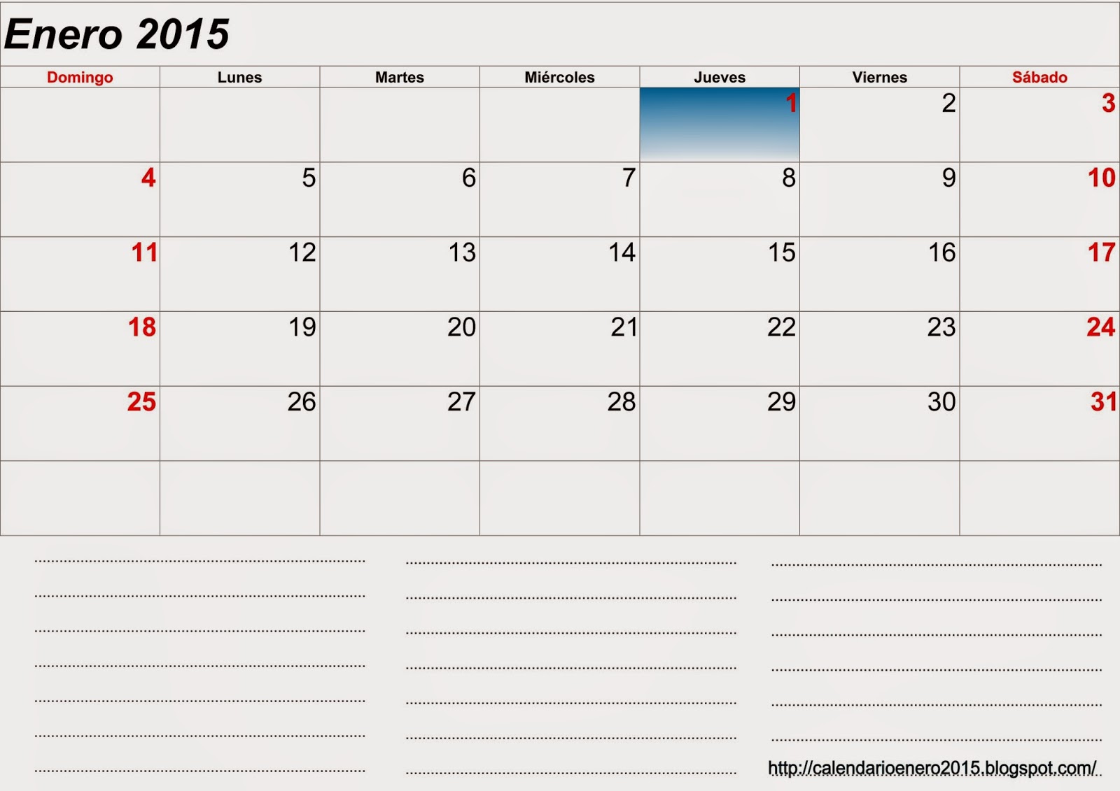 Calendario Enero 2015 en formato pdf - Calendario Para Imprimir Enero ...