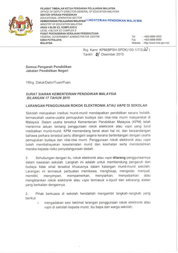 Surat Siaran Larangan Penggunaan Rokok Elektronik, Vape di sekolah ... Surat Siaran Larangan Penggunaan Rokok Elektronik, Vape di sekolah ...