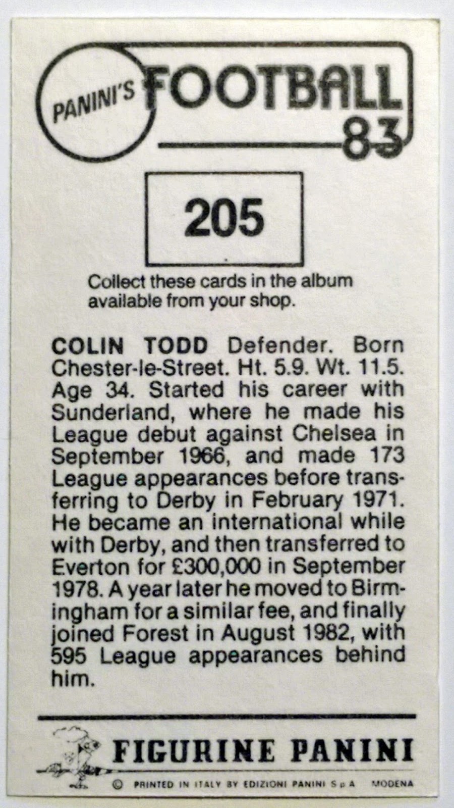 NFFC Cards & Stickers: Panini Football 83 Colin Todd