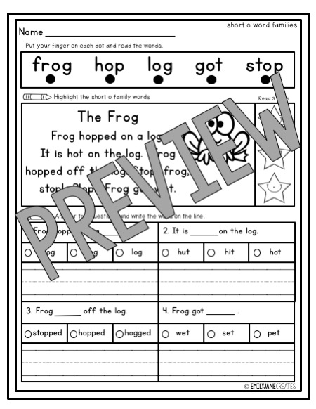 Emily Jane Creates: READING COMPREHENSION PASSAGES-CVC WORD FAMILY WORDS