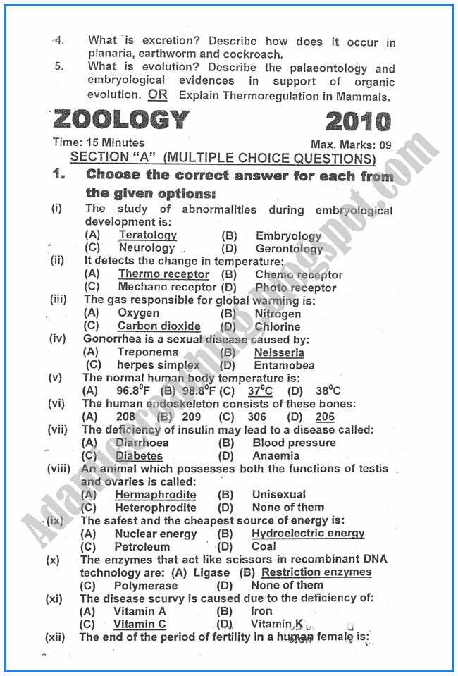 Adamjee Coaching: Zoology 2010 - Past Year Paper - Class XII