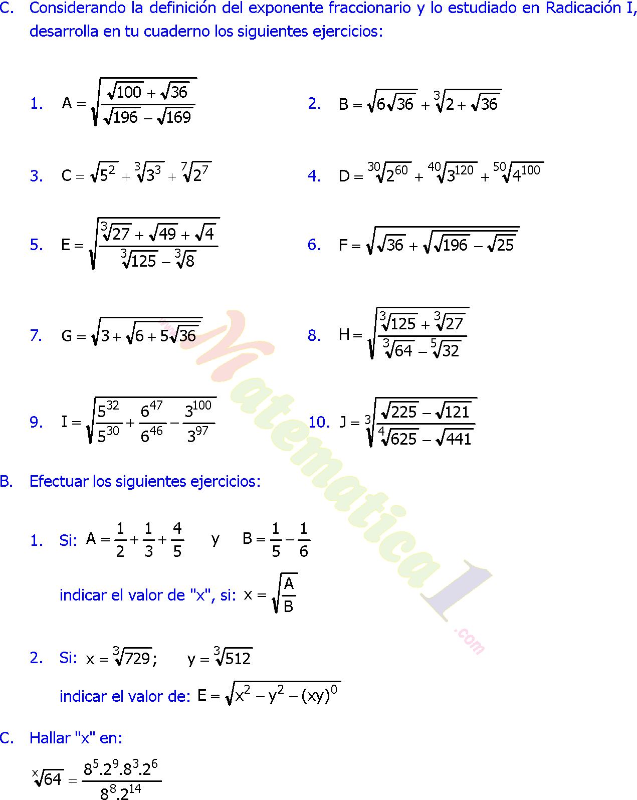 RADICACIÓN Y RAICES EJEMPLOS EJERCICIOS PARA RESOLVER DE MATEMÁTICAS DE ...