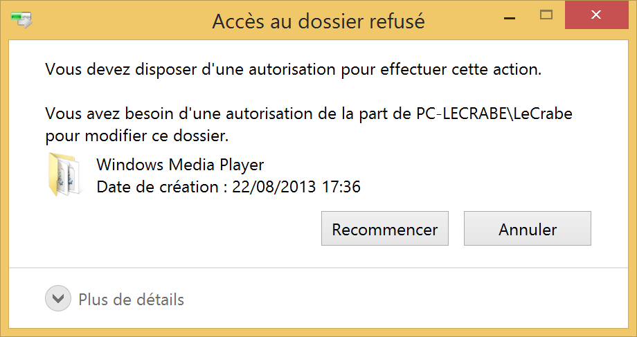 Emplacement non disponible accès refusé - Astucesinformatique
