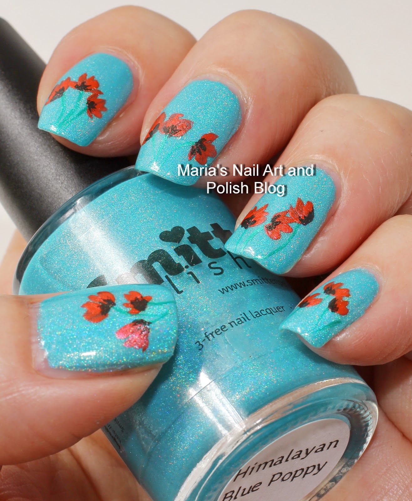 Marias Nail Art and Polish Blog: Red poppy nail art on Himalayan Blue Poppy