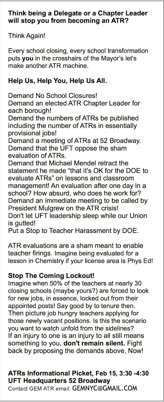 Ed Notes Online: ATRs to Hold Informational Picket at UFT Delegate Assembly