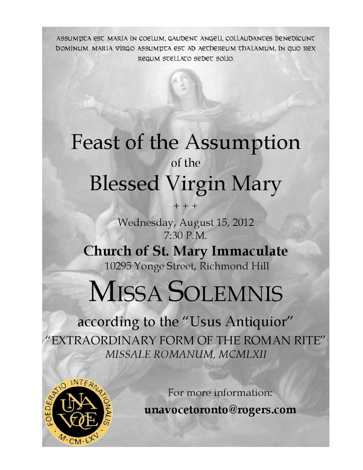 + Toronto Traditional Mass Society + : Assumption of the Blessed Virgin ...