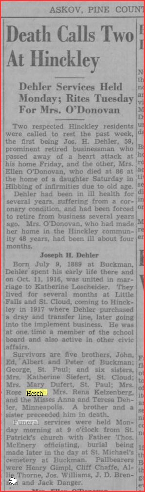 HESCH HISTORY: Joseph H Dehler--1889-1949