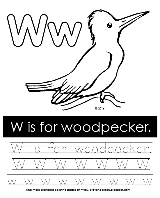 Crayon Palace: "W is for woodpecker" alphabet coloring page