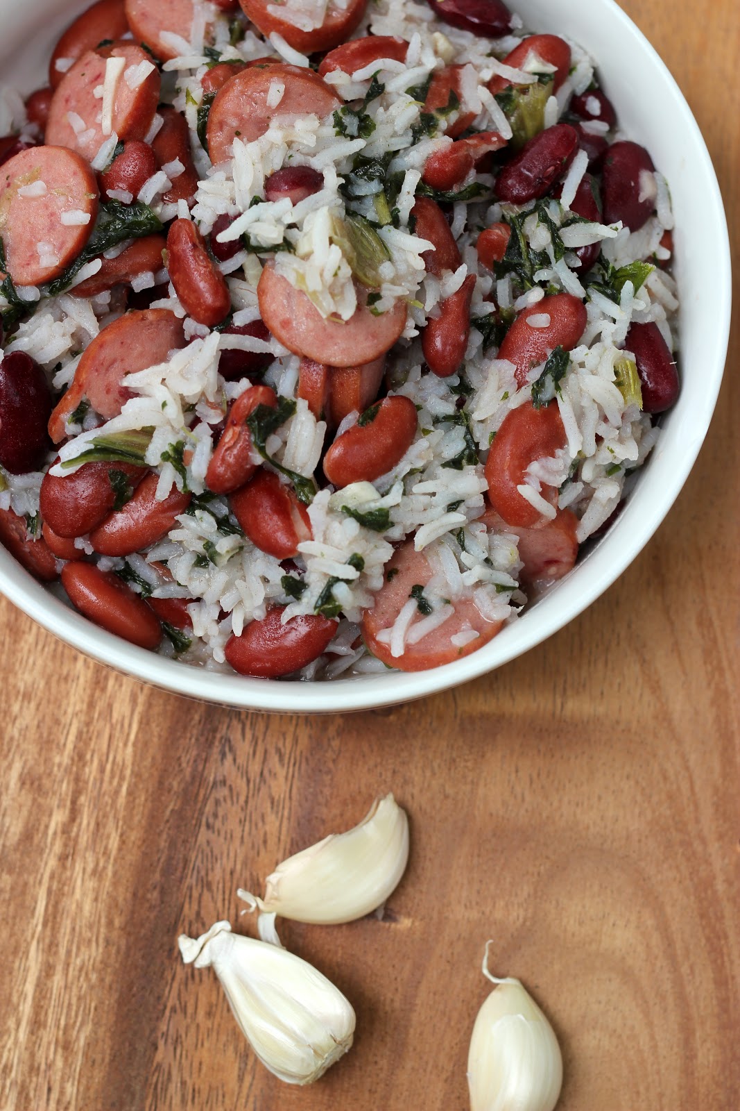Jazzy Red Beans and Rice with Polish Sausage and Turnip Greens