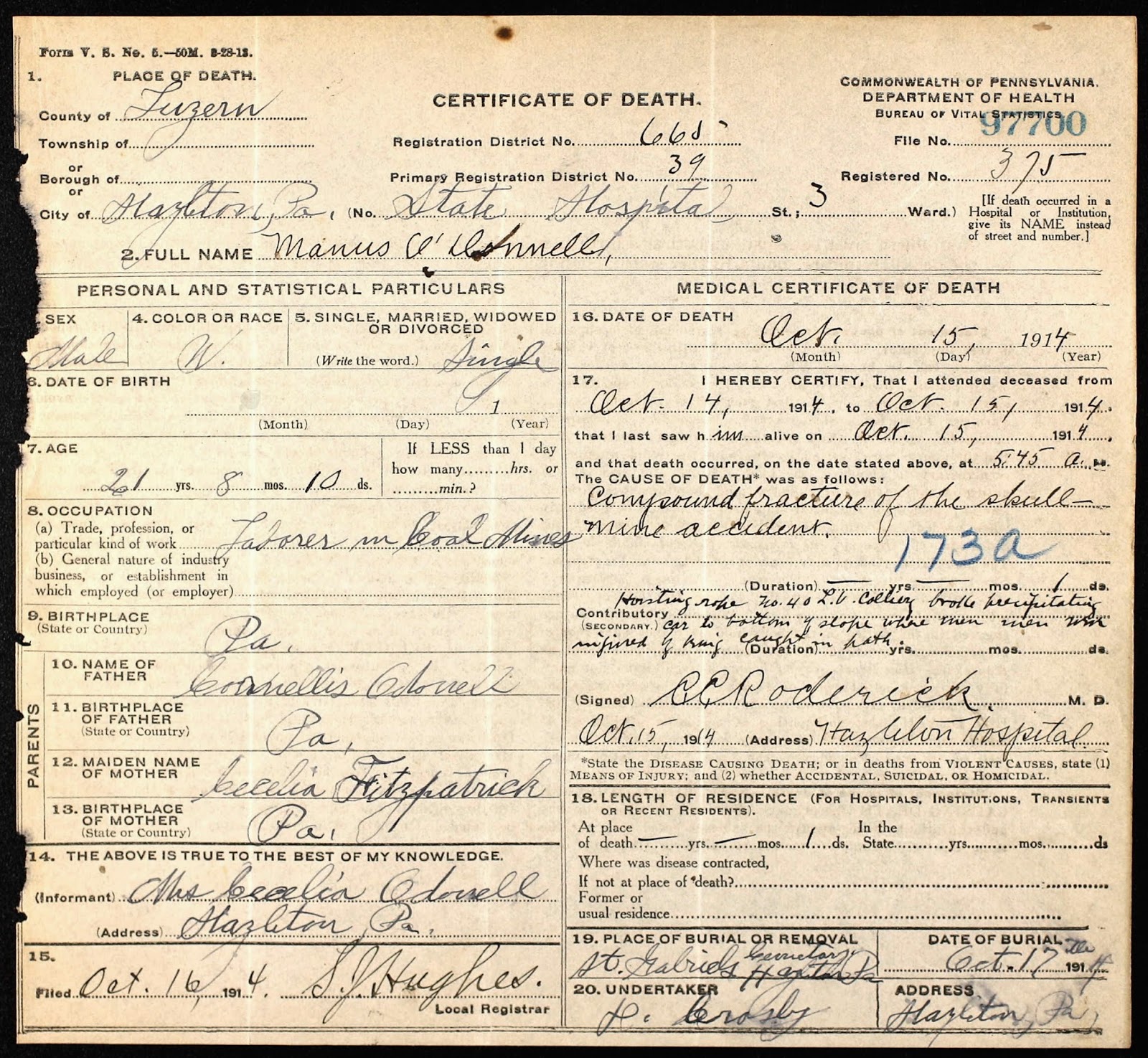 Touching Family History: Finding O'Donnell's in Pennsylvania Death ...