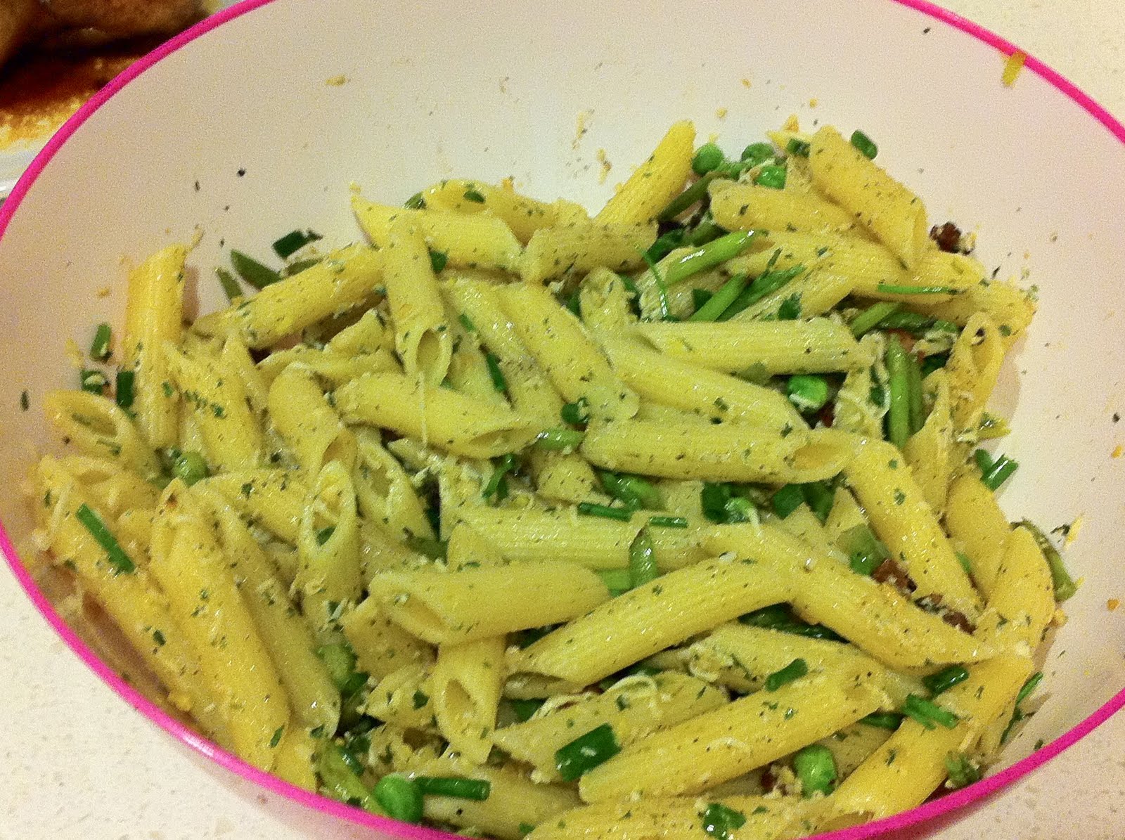 The Grouchy Goomba: Penne rigate with mixed vegetables and bacon