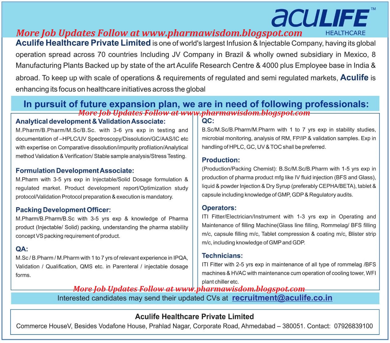 Multiple Openings for Q.C / Q.A / Production / Packing / Analytical ...