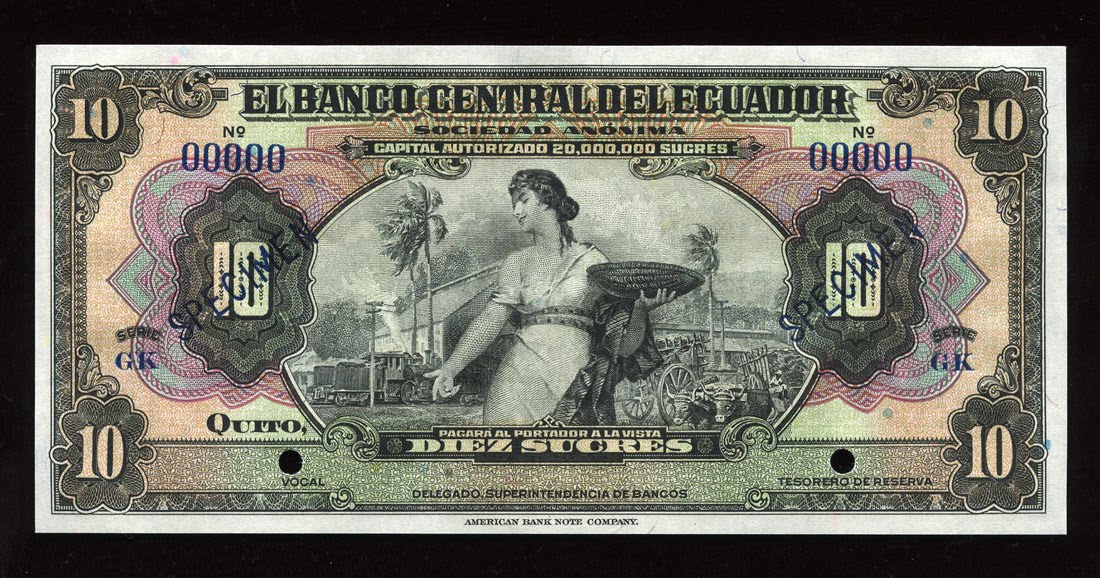 Ecuador banknotes 10 Sucres bank note 1939-1967 Banco Central de ...