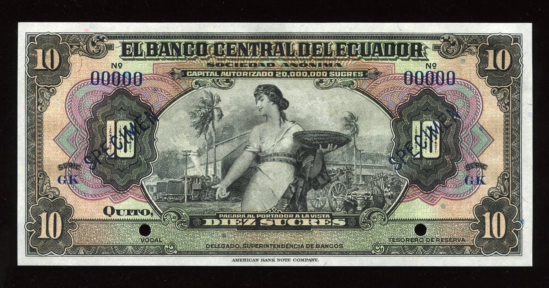 Ecuador banknotes 10 Sucres bank note 1939-1967 Banco Central de ...