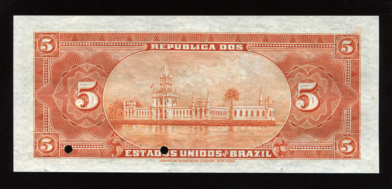Brazil currency 5 Mil Reis banknote of 1909, Estampa 13 A.