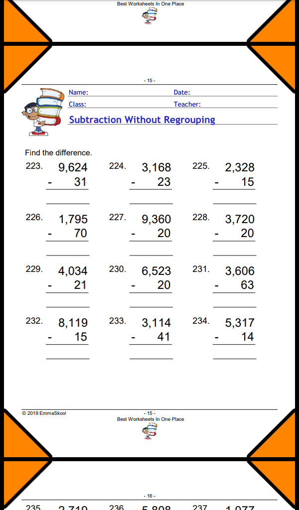 subtraction worksheets without regrouping / with solution