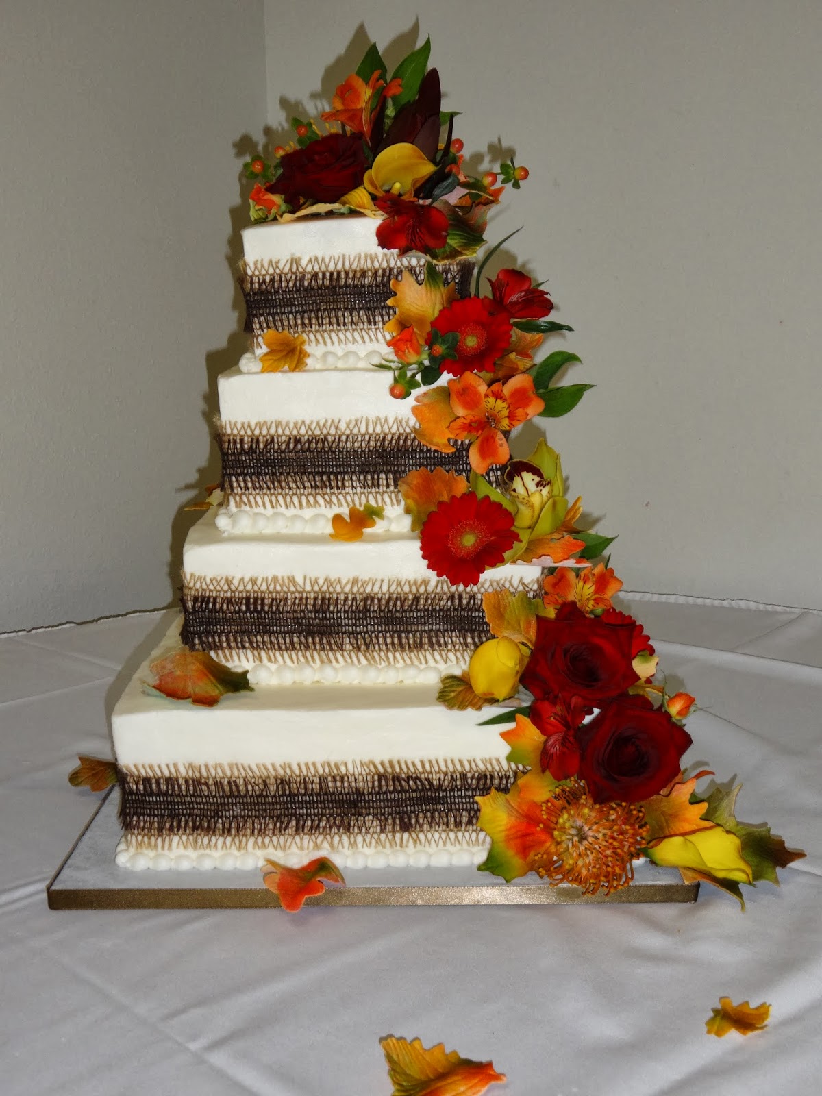 Cakes by Paula: 4 tier Fall Wedding Cake and matching cupcakes