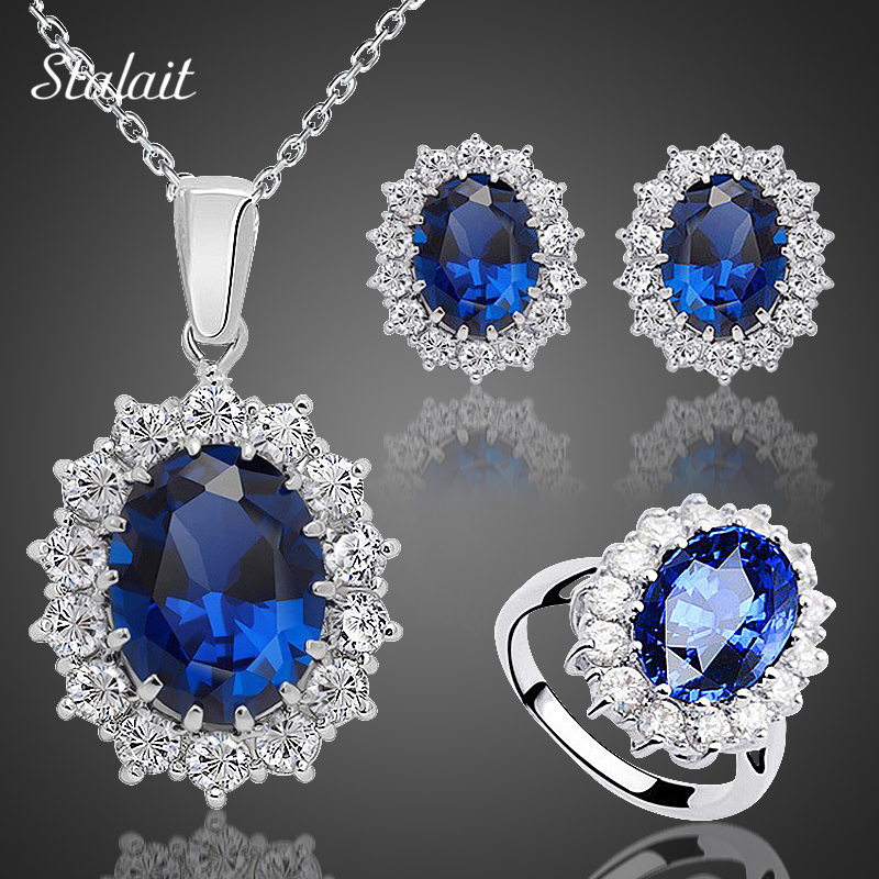 Fashion Blue Crystal Stone Wedding Jewelry Sets For Brides Silver Color ...