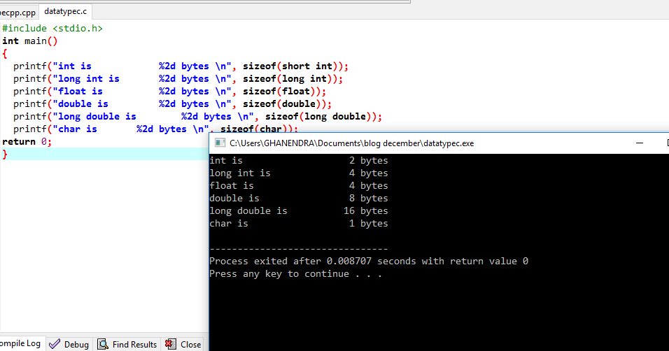 C Program To Display Size Of Different Datatype - Programming With Basics