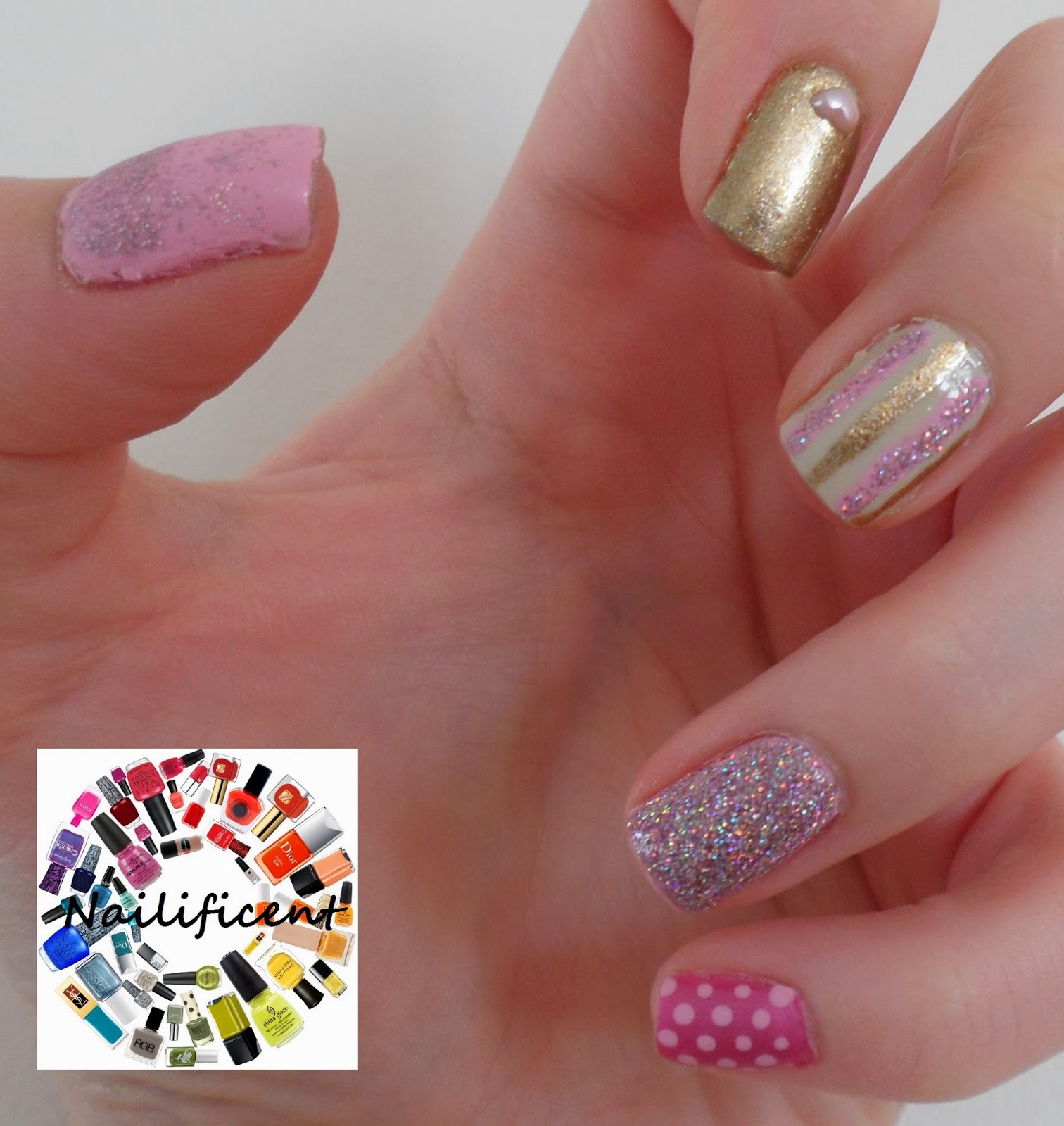 Nailificent: Pink and gold skittle manicure for Breast Cancer Awareness ...