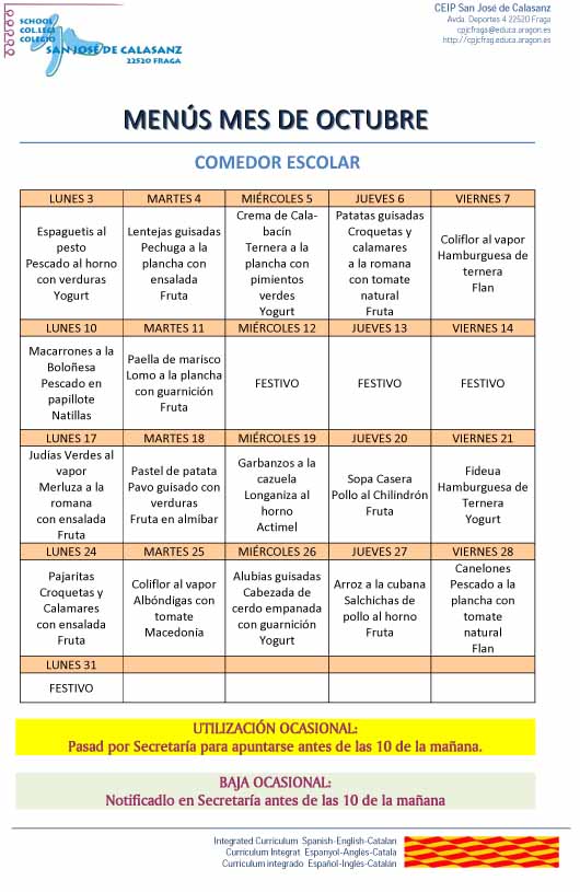 AMYPA SAN JOSE DE CALASANZ: MENU COMEDOR OCTUBRE