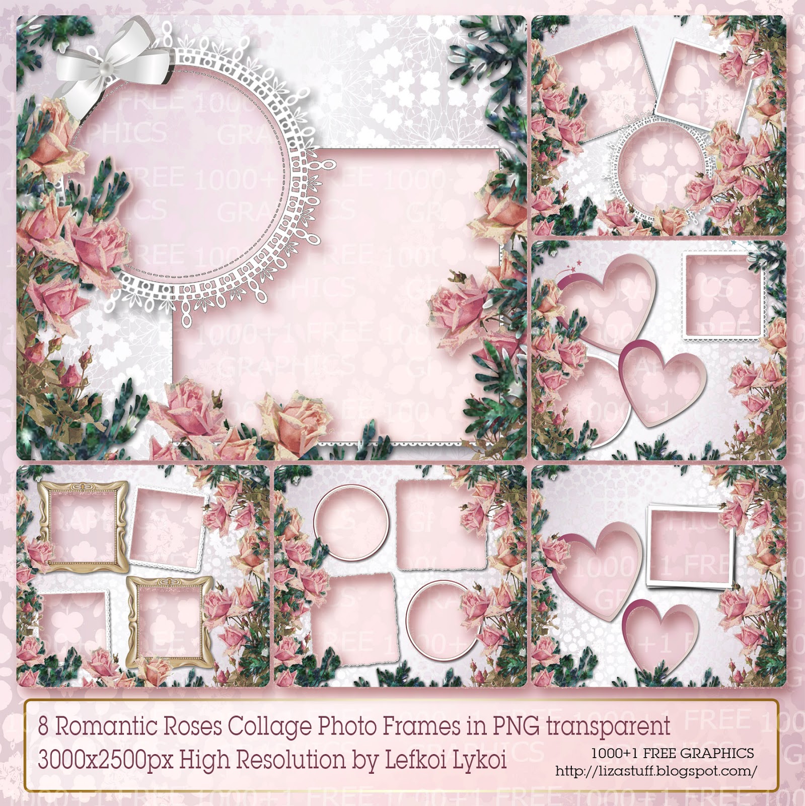 8 Romantic Roses Collage Photo Frames in PNG transparent 3000x2500px ...