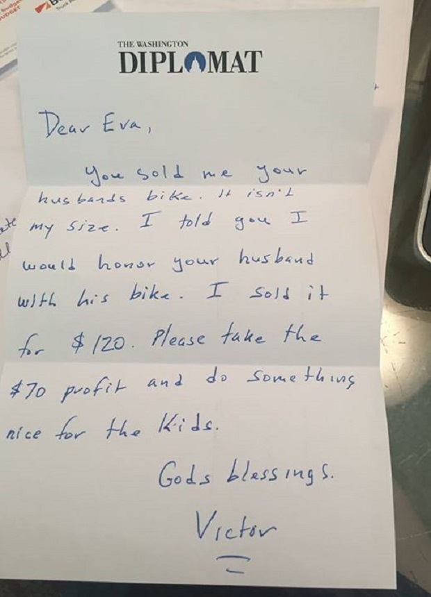 .: The man who bought her husband’s bike left a note on her doorstep ...