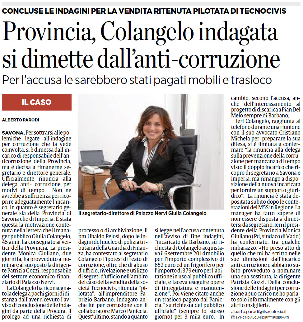ALASSIOFUTURA: Savona - Provincia: Giulia Colangelo indagata si dimette ...