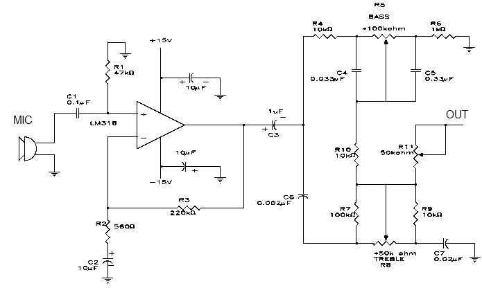 Lm318 Microphone preamplifier with tone control circuit and explanation ...