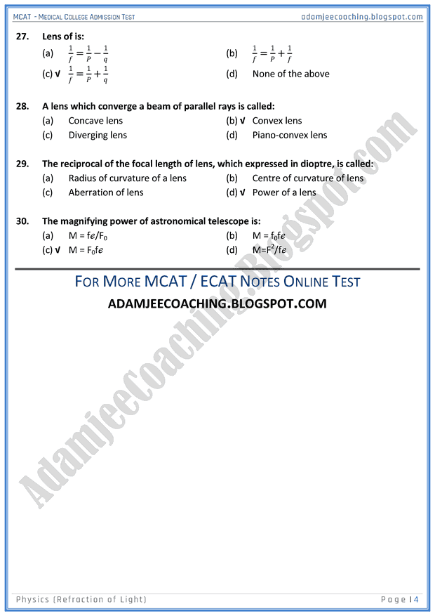 Adamjee Coaching: MCAT Physics [Refraction of Light] Mcqs for Medical ...