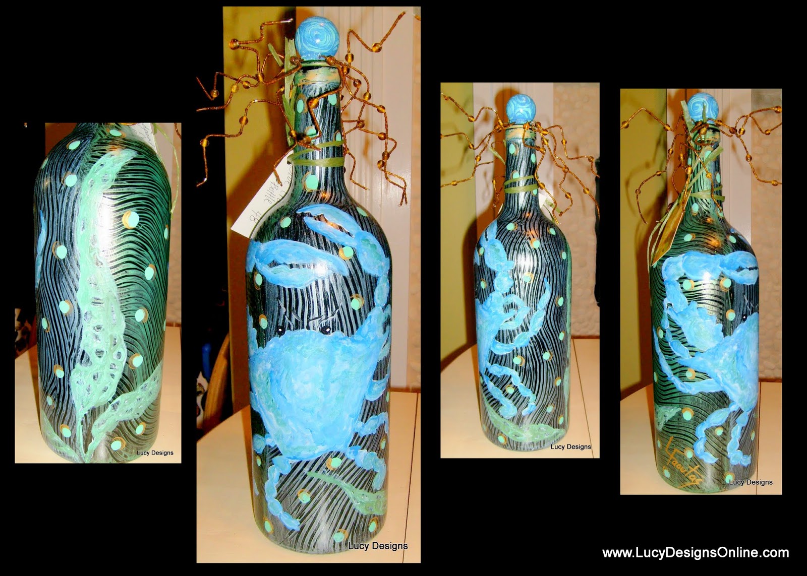 Hand Painted Glass Bottles with Sun, Flowers, Sea Shells, Faces, Coral ...