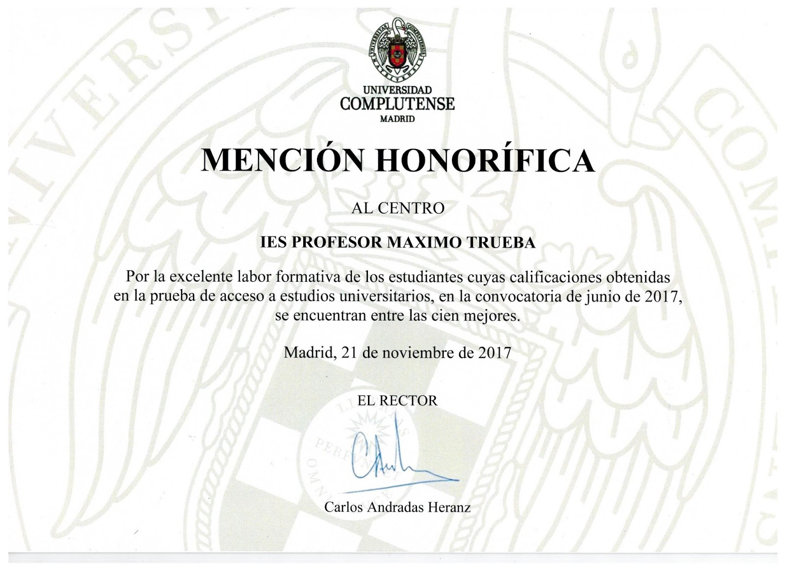 IES PROFESOR MÁXIMO TRUEBA: Mención honorífica de la Universidad ...