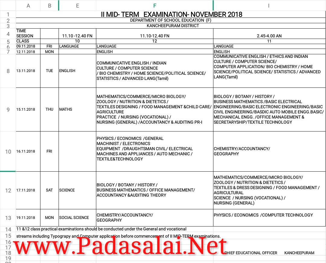 10, 11 & 12th Second Mid Term Exam 2018 - Time Table for Kanchipuram ...