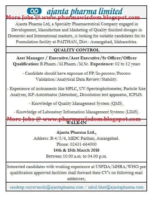 Ajanta Pharma Limited - Walk-In Interviews on 14th & 15th March, 2018 ...