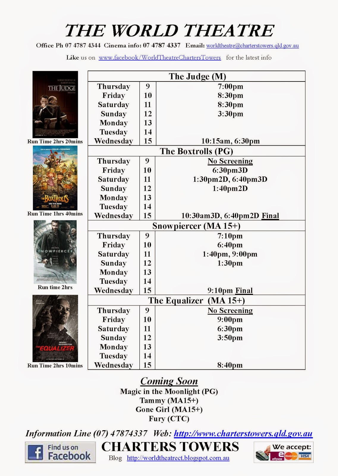 The World Theatre - Charters Towers: Cinema Schedule from 9 Oct 2014