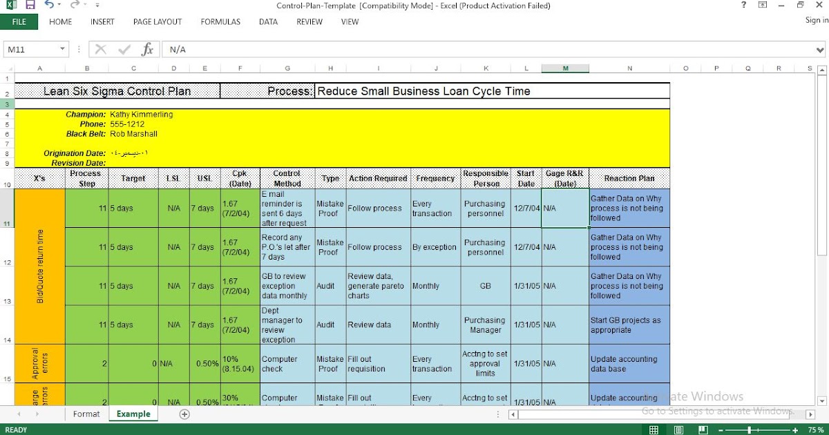 Six Sigma Control Plan Excel Template