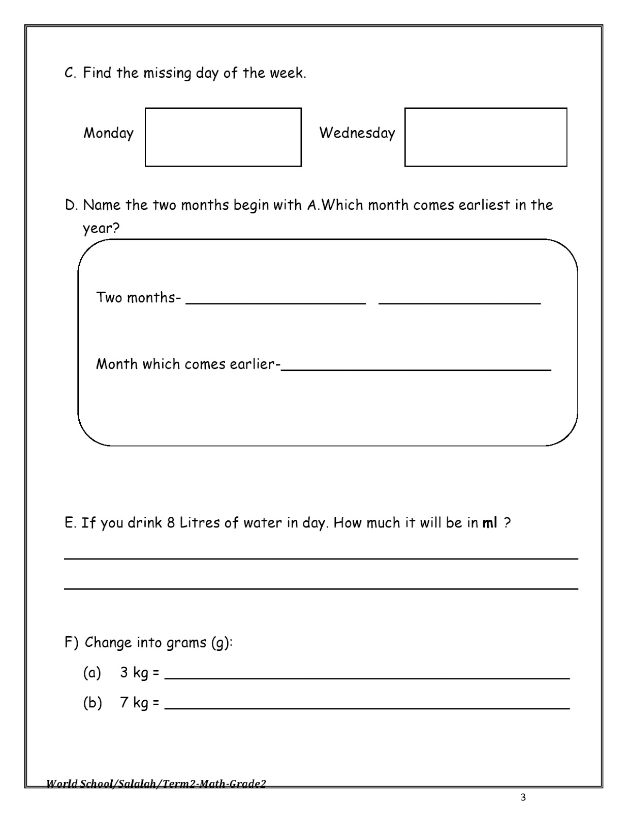 Birla World School Oman: Revision Worksheets for Grade 2 as on 09-05-2019