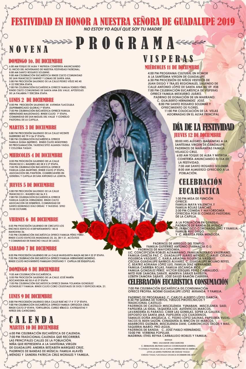 Programa 2019 de la Fiesta a la Virgen de Guadalupe en Cd Yagul, Oax ...